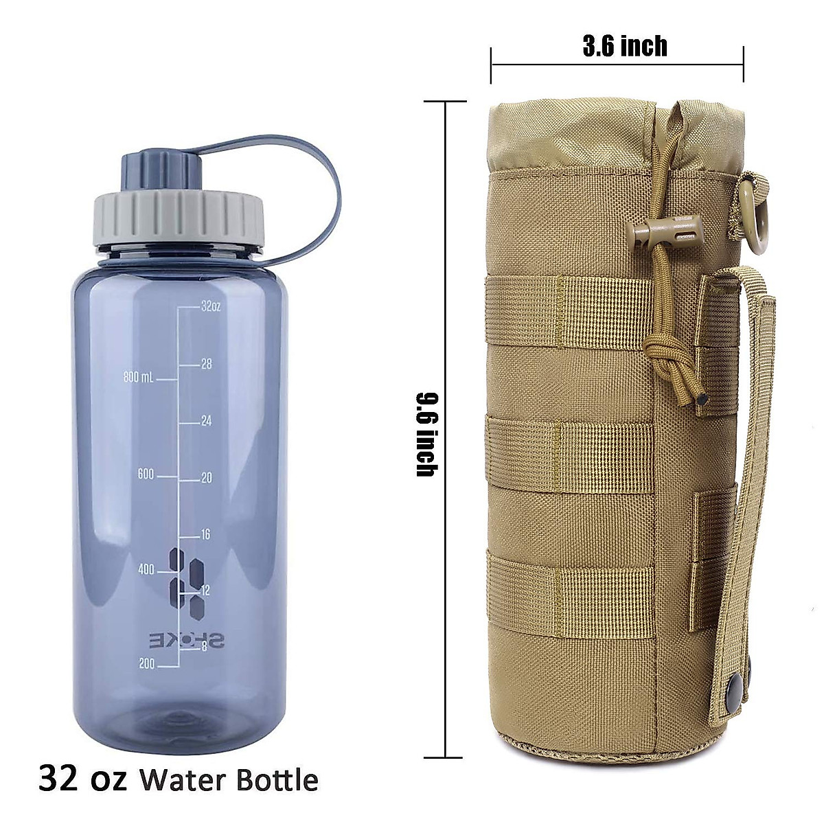 Tactical Molle Water Bottle Pouch Military Drawstring Open Top & Mesh Bottom Travel Water Bottle Holder Bag Tactical Hydration Carrier (Tan)