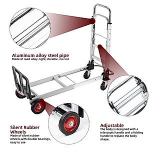 Aluminium Hand Truck Dolly Heavy Duty 440lbs Capacity, Stuffygreenus 2 in 1 Convertible Folding Hand Truck with Pneumatic Wheels and Telescoping Handles,Portable Dolly Cart with Bungee Cords