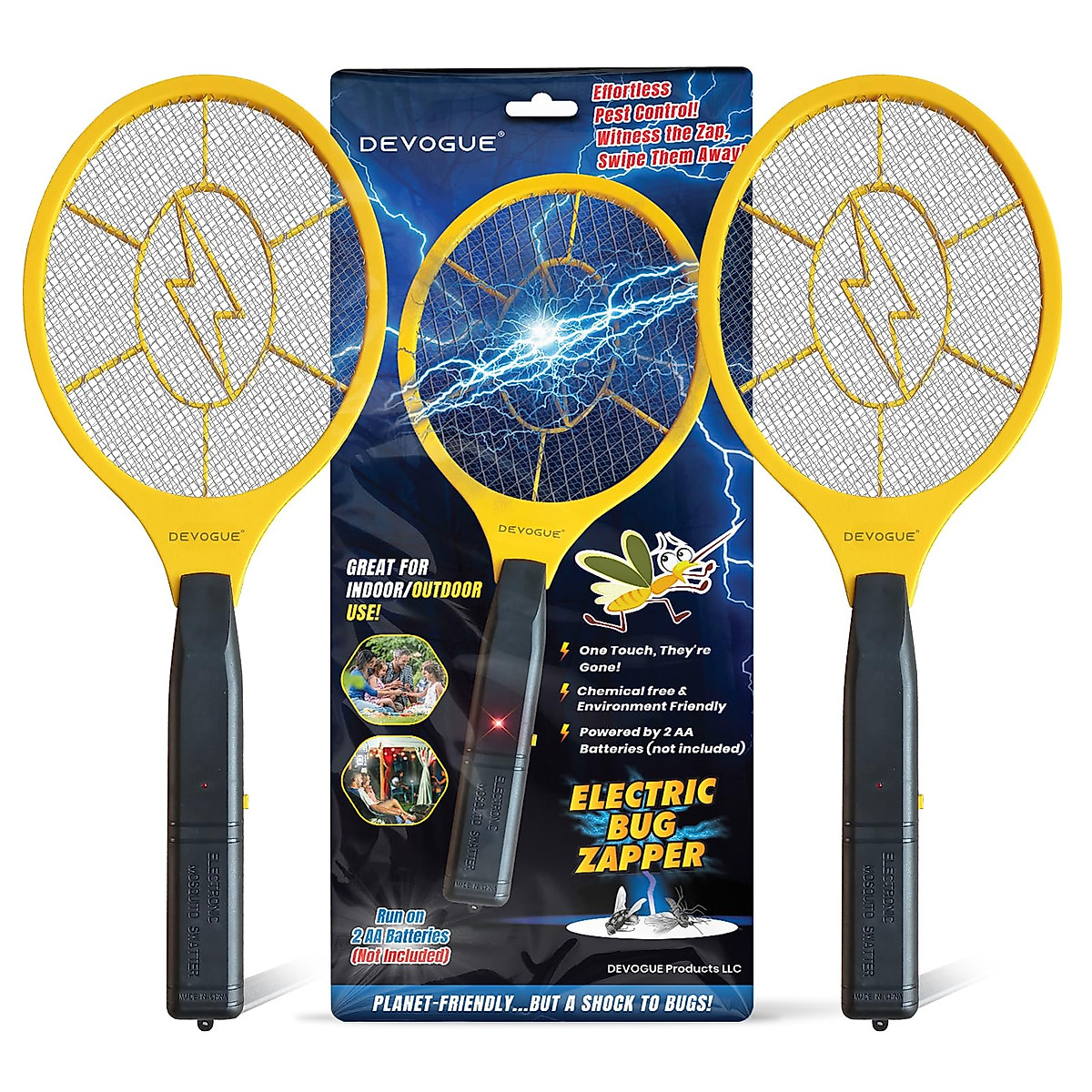 DEVOGUE® Pack of 2 Electric Fly Swatter Bug Zapper Battery Operated Flies Killer Indoor & Outdoor Pest Control Mosquito Zapper and Insect Catcher Racket (Packing May Vary)