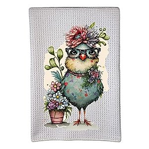 Chicken Black Glasses Flowers Farm Animal 16"x24" Sublimation White Waffle Towel Trifolded 100% Polyester Highly Absorbent Kitchen Dish Towel Humorous Sarcastic Gift wwt-016