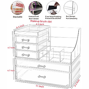 Cq acrylic 2 Pack Clear Make Up Organizers for Vanity,Stackable 5 Drawers Make Up Organizer,Cute Desk Organizer for Vanity Jewelry,Hair Clip,Beauty,Skincare Product Dresser Acrylic Drawer Organizer