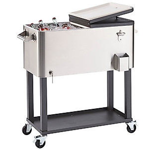 TRINITY Stainless Steel Beverage Cooler and Ice Chest with Wheels and Protective Cover, Rolling Cart with Shelf for Patio, Outdoor Bar, Catering, and Restaurants, 80 Quart Capacity