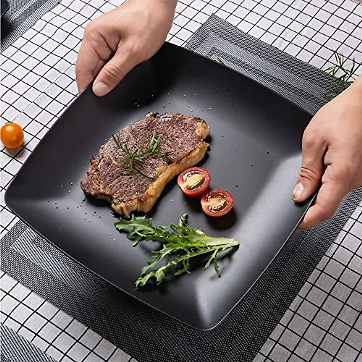 Melamine 12pcs Classic Square Dinnerware Set, Concise Plates and Bowls Set, Service for 4, Dishwasher Safe (Black)