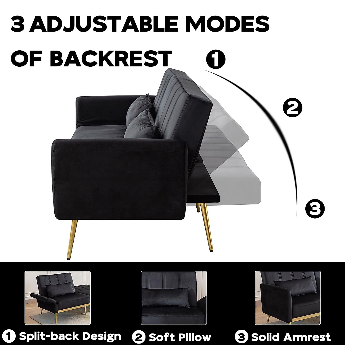 DANNRATCH 2 Pieces Velvet Sofa Set Convertible Sleeper Sofa Tufted Couch Bed with Adjustable Armrests and Backrest, Modern Loveseat Sleeper Bed with 2 Bolster Pillows for Living Room, Bedroom, Black