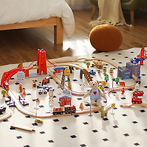 Giant bean 117 Pcs Busy Port City Train Set for Kids- Expandable & Changeable Wooden Train Tracks Set Toddler Toy, Gift for Boys and Girls Ages 3+, Fits for Thomas The Train, Brio, Melissa & Doug