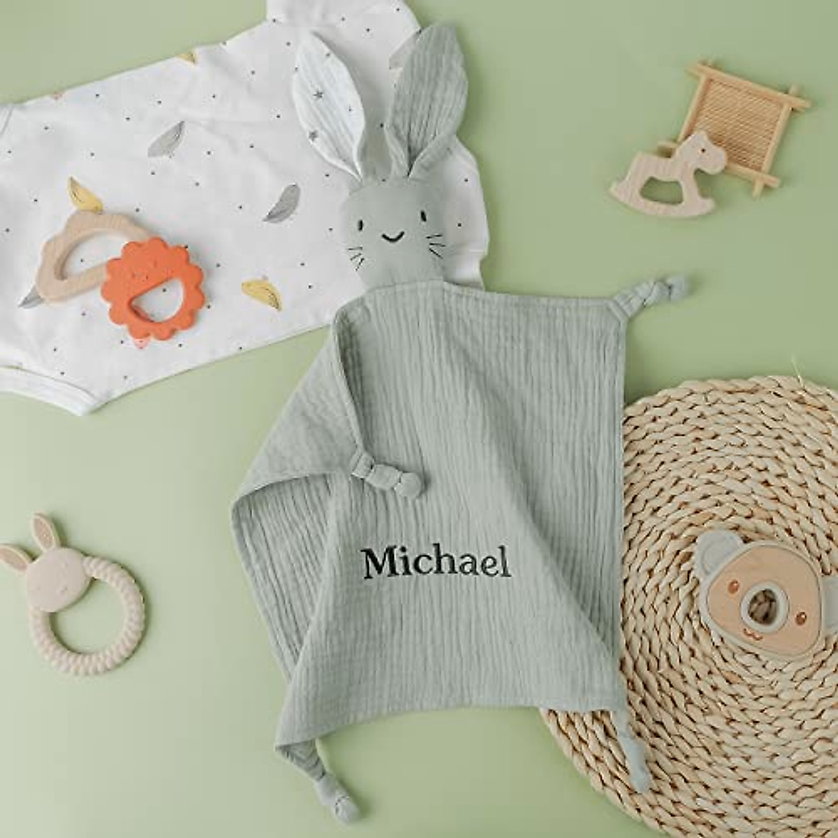 TYRY.HU Personalized Security Blanket with Name, Embroidered Baby Comforter, Organic Cotton Muslin Lovey Security Blanket, Soft & Breathable Lovie Baby Gifts for Boys and Girls, Green