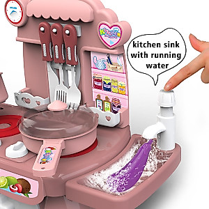 Kitchen Toys Imitated Chef Light Music Pretend Cooking Food Play Set Children Girl Toy Gift Fun Game Toy Kitchen Sink with Running Water and Electronic Induction Stove (blue kitchen and more food)