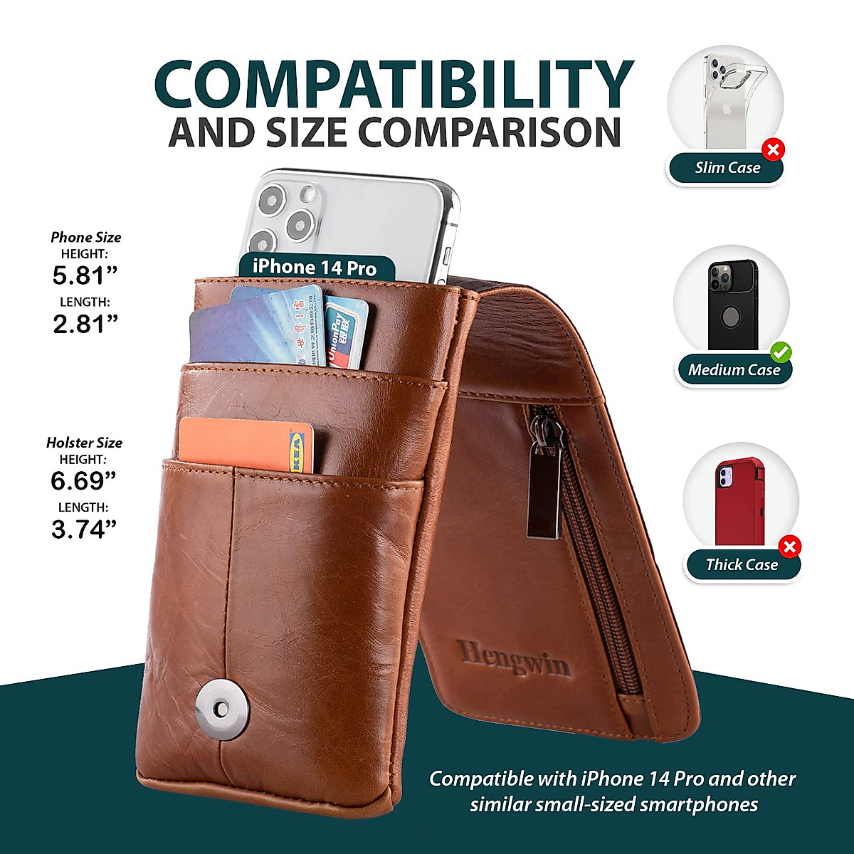 Hengwin Phone Belt Pouch fits for iPhone XR 15 14 13 12 11 Pro S23 Holster Wallet Case with Belt Clip Belt Loop Leather Cell Phone Purse Belt Bag for Men (Fits for Phone with Medium Case on) (Brown)