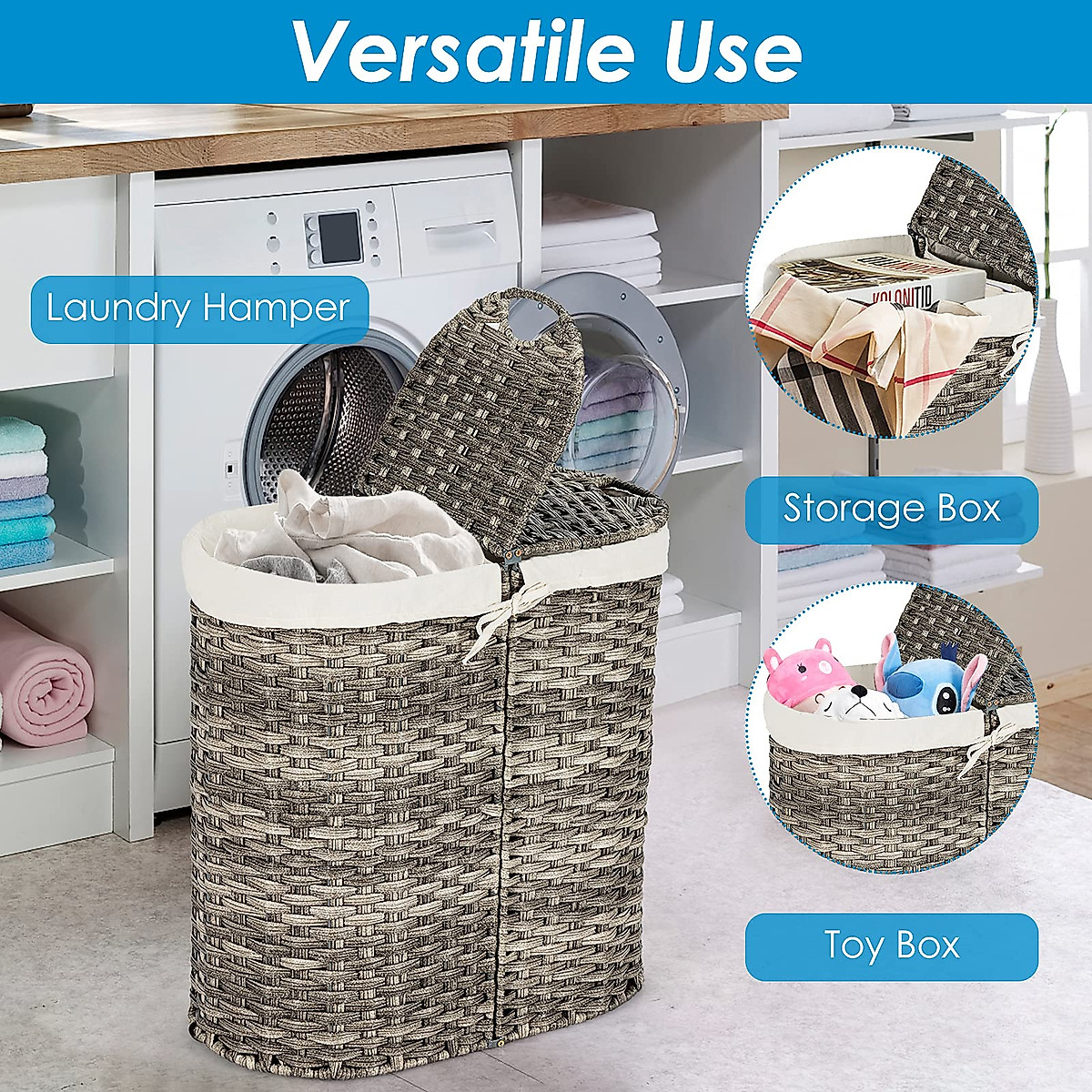 Giantex Double Laundry Hamper with Lid, Oval Laundry Basket with 2 Removable Liner Bags, Portable Handwoven Clothes Sorter Bin for Living Room Bedroom Laundry (Gray)