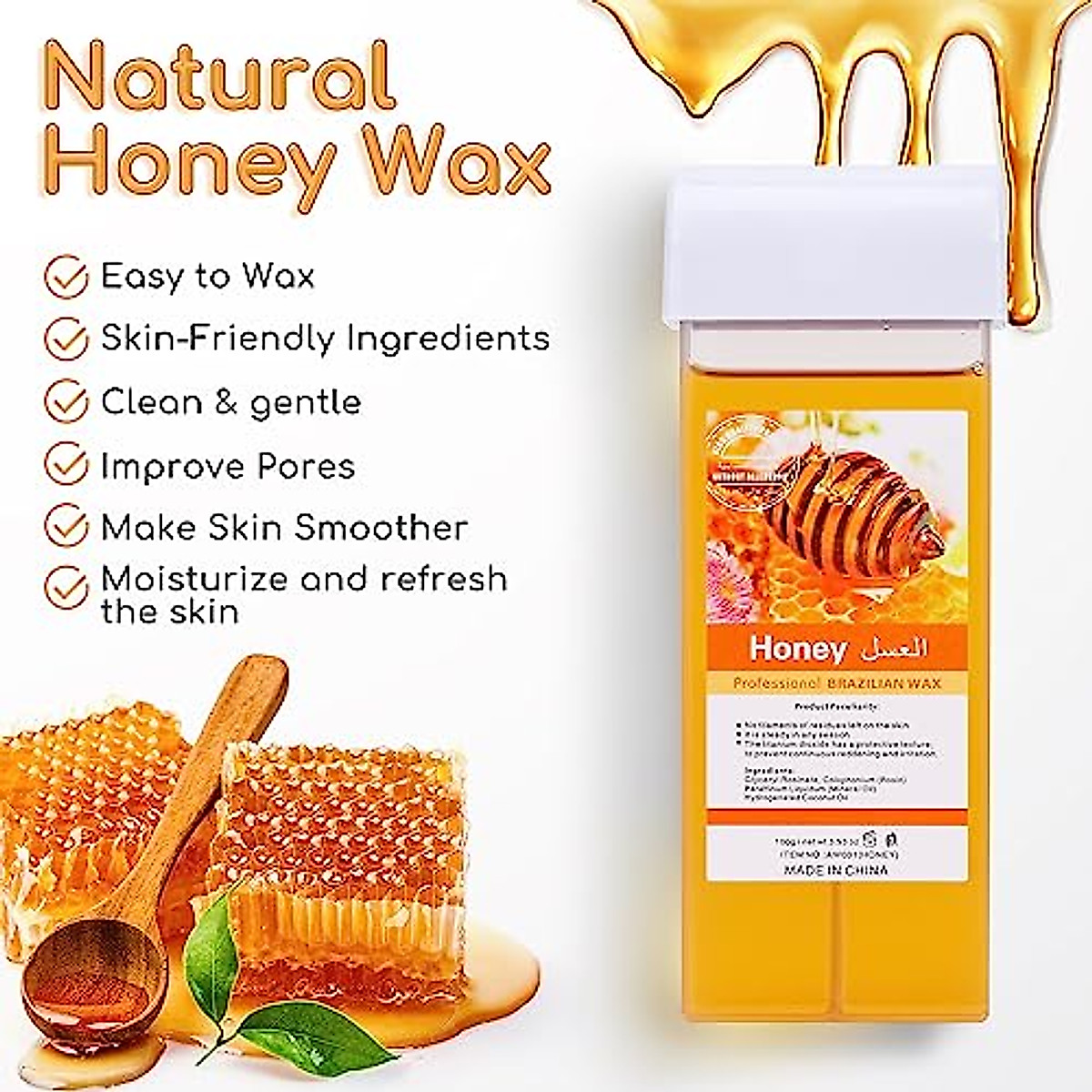 Roll On Wax Kit, Wax Roller Kit for Hair Removal, Depilatory Wax Roller Kit Includes 2 Honey Soft Wax Cartridge & 100 Non-Woven Wax Strips, Portable Wax Heater Machine for Women & Men