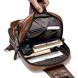 Small Brown Sling Crossbody Backpack Shoulder Bag for Men Women Vintage PU Leather CrossBody One Strap Casual Sling Backpack Cycling USB Charger