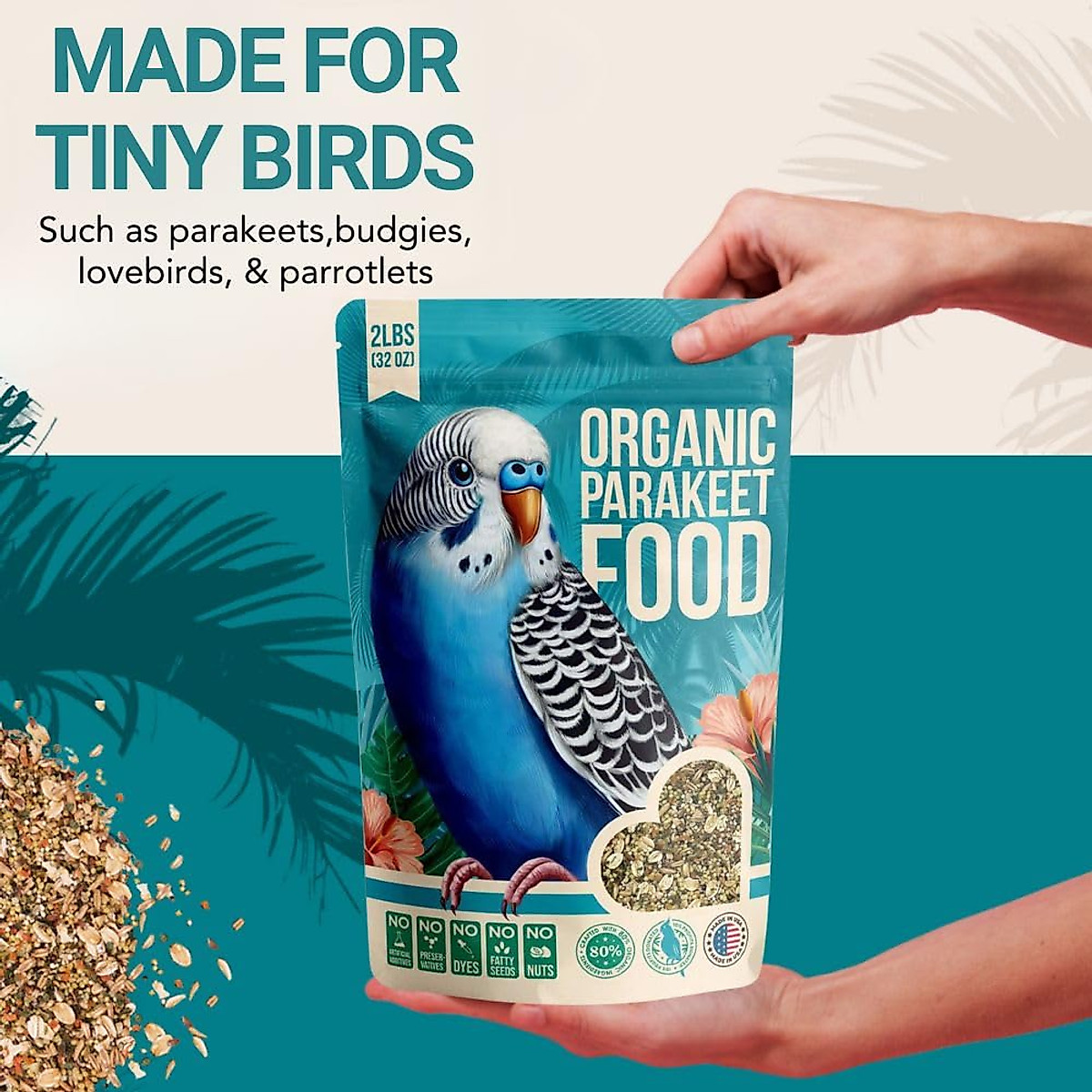 Flocksentials 80% Organic Parakeet Food - No Dyes, Fatty Seeds, Or FIllers - Human Grade Organic Parakeet Seed, Grain & Wholesome Veggies - for Budgies, Lovebirds, Parrotlets – Made in USA (2 lbs)