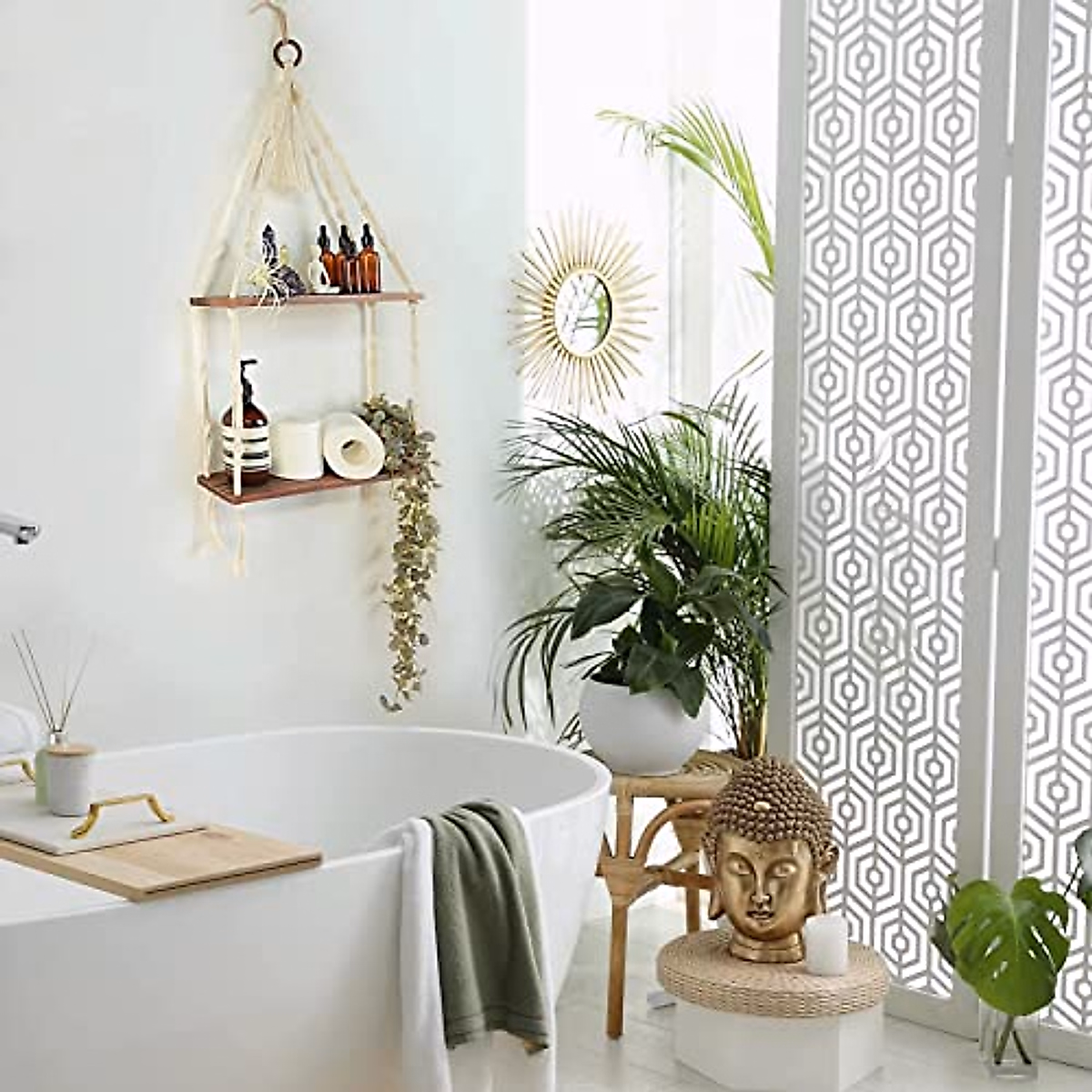 2 Tier Macrame Boho Wall Hanging Shelf, Handmade Bohemian Wooden Woven Plants Floating Shelves Decor, Decorative Chic Rope Crystal Holder Organizer for Bathroom Bedroom Kitchen Home Nursery Storage