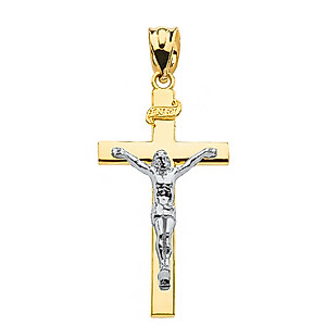 Solid 14k Two-Tone Gold Cross INRI Crucifix Charm Pendant (1.60")