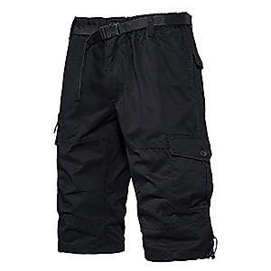 Mens Shorts Elastic Waistband Mens Elastic Waist Shorts Casual Linen Multi Pockets Cargo Short Waistband Camouflage Work Utility Tooling Shorts Cotton Shorts Men 7 Inch Black XL