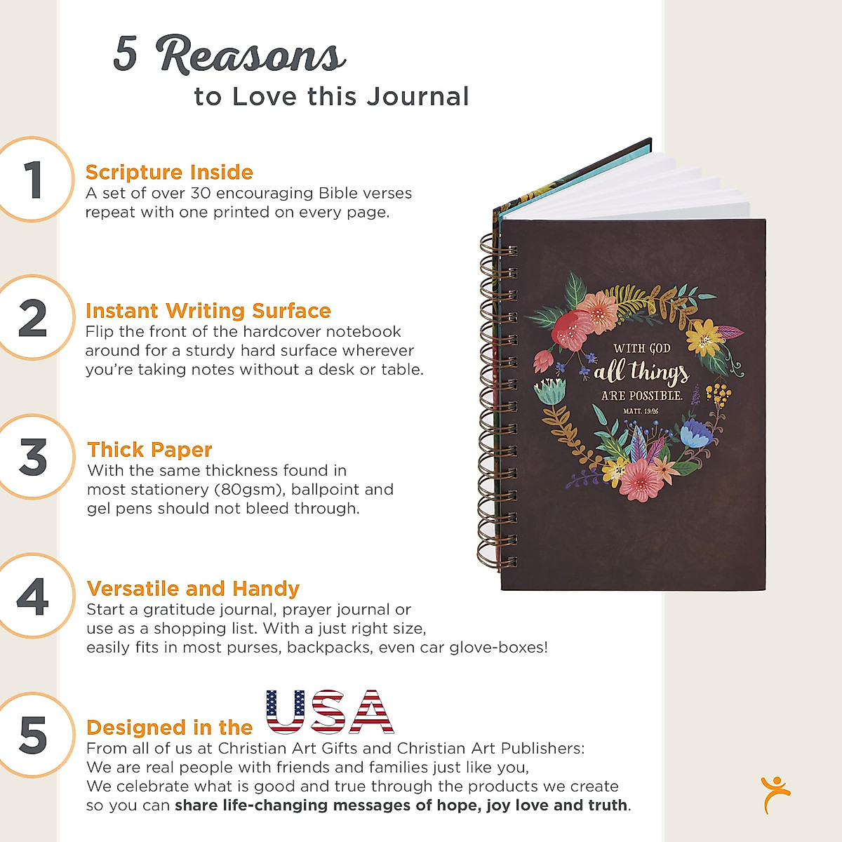 Christian Art Gifts Journal w/Scripture With God All Things Are Possible Mathew 19:26 Bible Verse Floral 192 Ruled Pages, Large Hardcover Notebook, Wire Bound