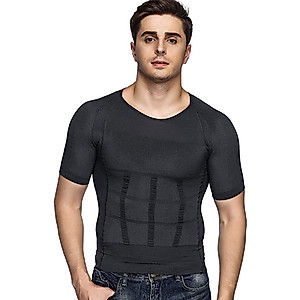 Odoland 3 Pack Men's Body Shaper Slimming Shirt Tummy Vest Thermal Compression Base Layer Slim Muscle Short Sleeve Shapewear, White/Grey/Black, L