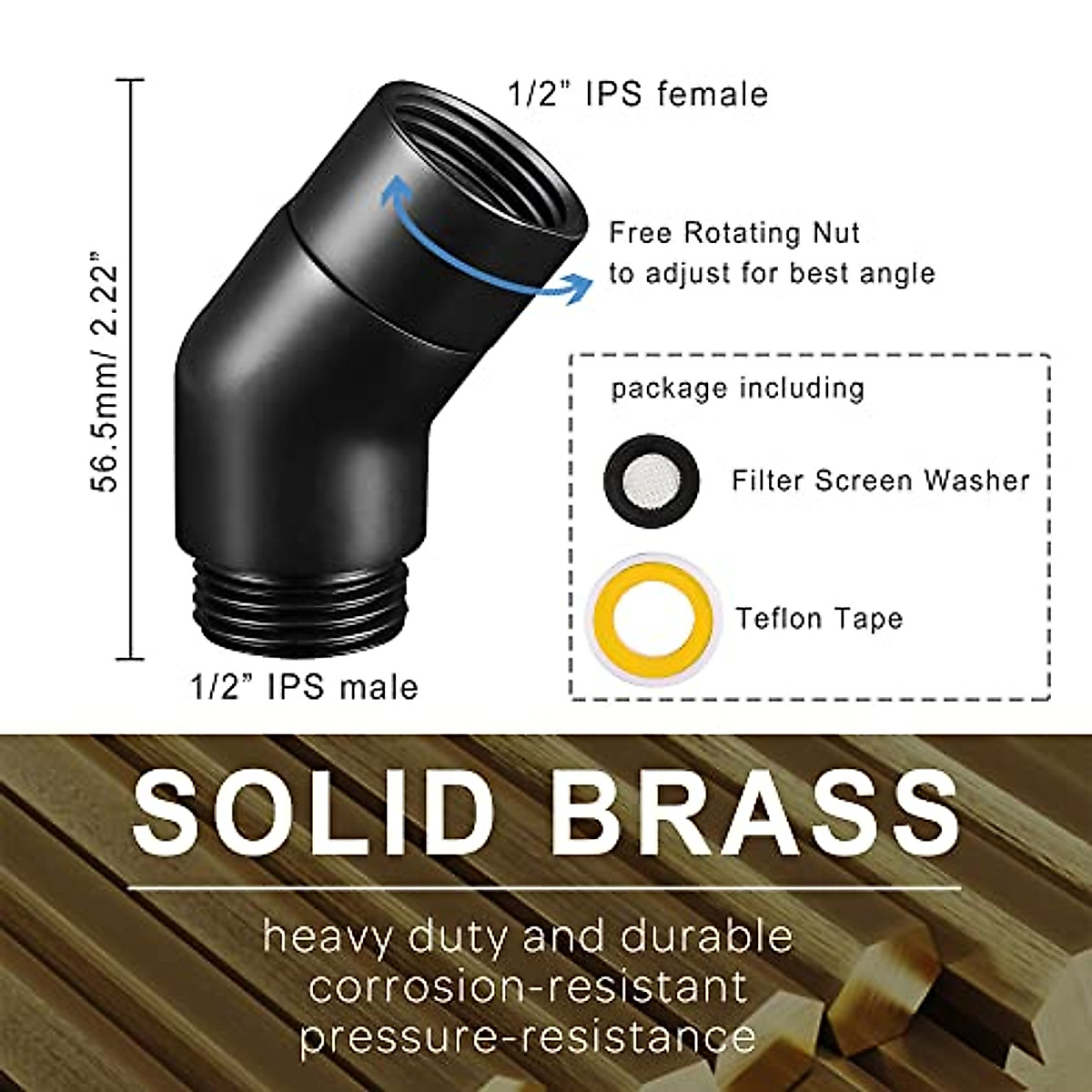 Solid Brass Shower Elbow Adapter for Shower Head, 45 Degree Hand Shower Elbow, Shower Arm Connection Elbow Shower Head Extender Connector Coupler G1/2 Female to Male, Matte Black