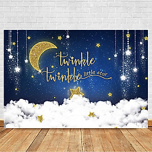 Avezano Twinkle Twinkle Little Star Backdrop, Navy Blue White Clouds Baby Shower Party Decorations 7x5ft Vinyl Gold Moon Glitter Stars Baby Shower Party Banner Photography Background