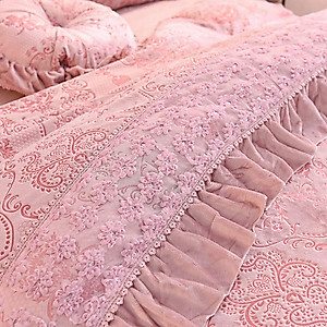 YURASIKU Princess Bedding Set Soft Fleece Jacquard Duvet Cover Set Romantic Lace Flower Design Ruffle Comforter Cover Set with Bed Skirt Girls Queen Size Light Pink