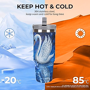 YTLKGFP 30 Oz Large Capacity Car Cup Two White Swans Tumbler with Handle Straw Lid Insulated Stainless Steel Water Bottle Travel Mug Leak-proof Car Cup Keeps Cold Or Hot