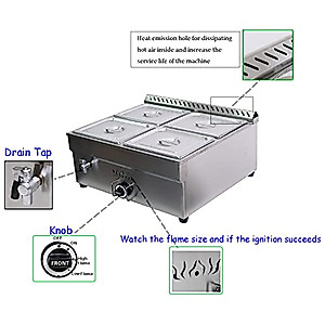 INTBUYING LP Gas Food Soup Warmer Propane Gas Stove Bain-Marie Commercial Canteen Buffet Steam Heater Stainless Steel with Gas Regulator Valve 12''x8.7''x4''Pan-4 Pans（Square）