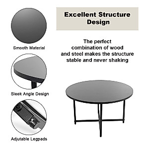Round Coffee Table Modern Coffee Table Sofa Table Tea Table for Living Room, Office Desk, Balcony, Wood Desktop and Metal Legs,23.6inch Black