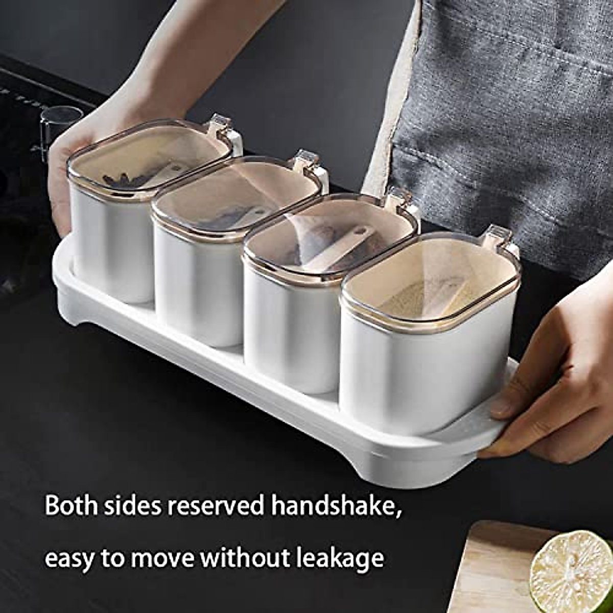 Kitchen Storage Container Condiment Jar, Multi-Compartment Condiment Container With Lid and Spoon, Used to Store Salt, Pepper, Sugar, Spices, Cornstarch and Chicken Stock Powder, etc.