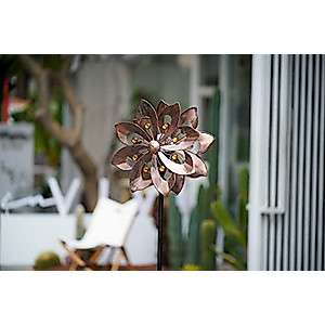 TOMBABY Solar Copper Wind Spinner with Glass Ball Color Changing LED Lighting with Kinetic Wind Mill Dual Direction for Patio Lawn Garden Holiday Decoration