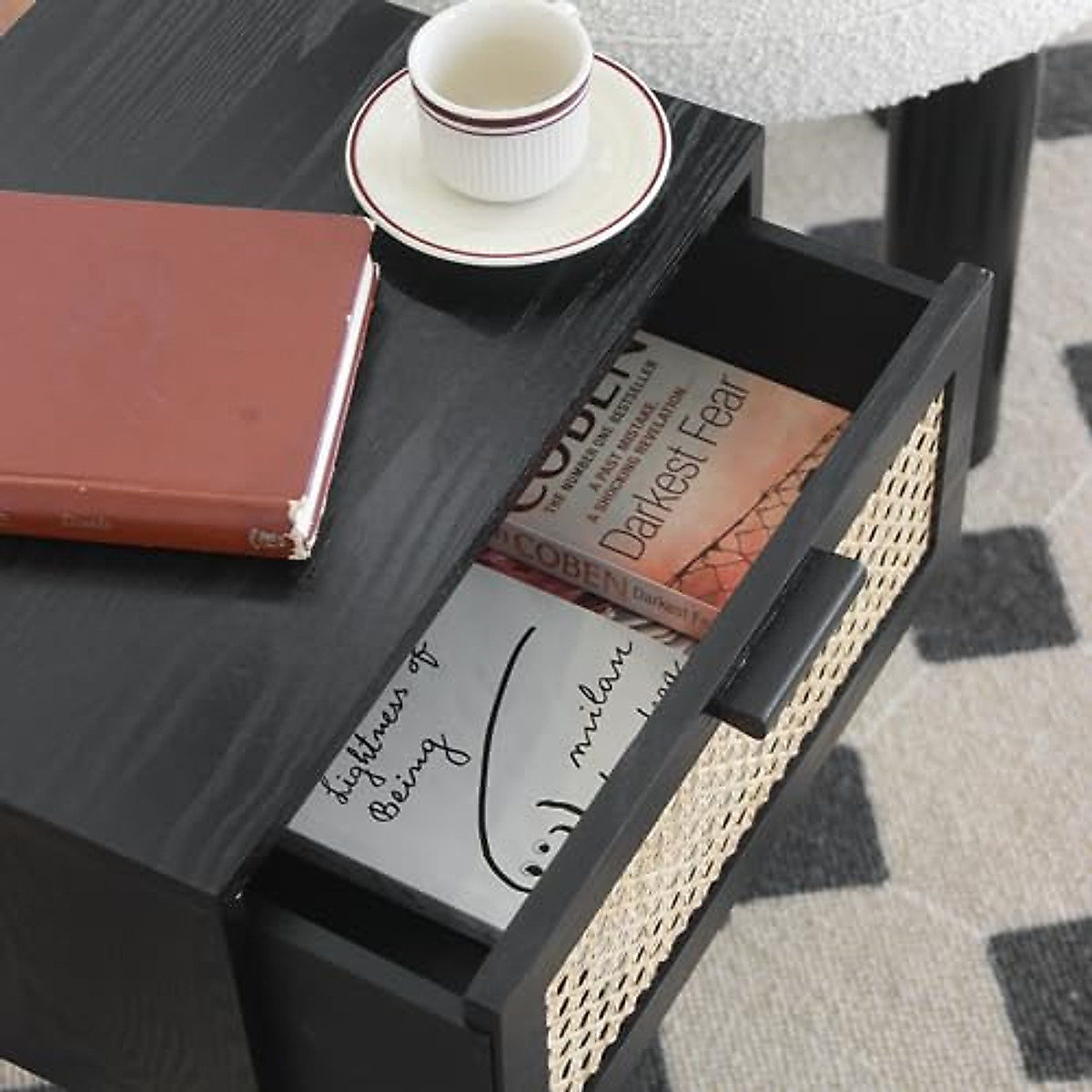 AWASEN Mid Century Modern Nightstand, Rattan Side Table with Drawer, Black Bedside Table with Storage and Solid Wood Legs for Living Room, Bedroom and Small Space (Black)