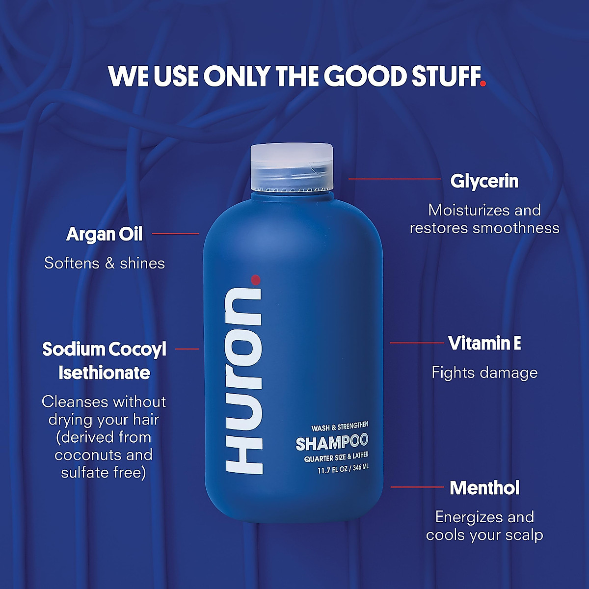 Huron Men's Shampoo | Cleansing & Hydrating Formula | Citrus, Fresh Juniper & Aromatic Greens Scent | Strengthens Hair | Sulfate-Free, Paraben-Free | Argan Oil, Aloe, Peppermint | 11.7 Fl Oz