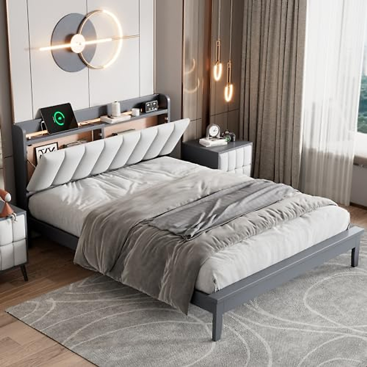 Merax Queen Size Upholstered Platform Bed with USB Charging Station and Storage Upholstered Headboard, LED Bed Frame, No Box Spring Needed, Gray