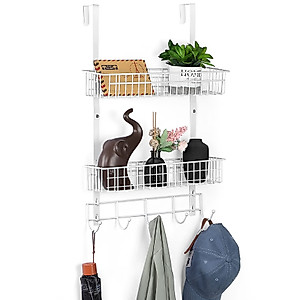 NEX The Door Hooks Shelf Organizer Hanger Towel Rack with 2 Mesh Basket 5 Hooks Storage Rack Spice Rack for Bathroom Kitchen Storage Shelves Toiletries, White