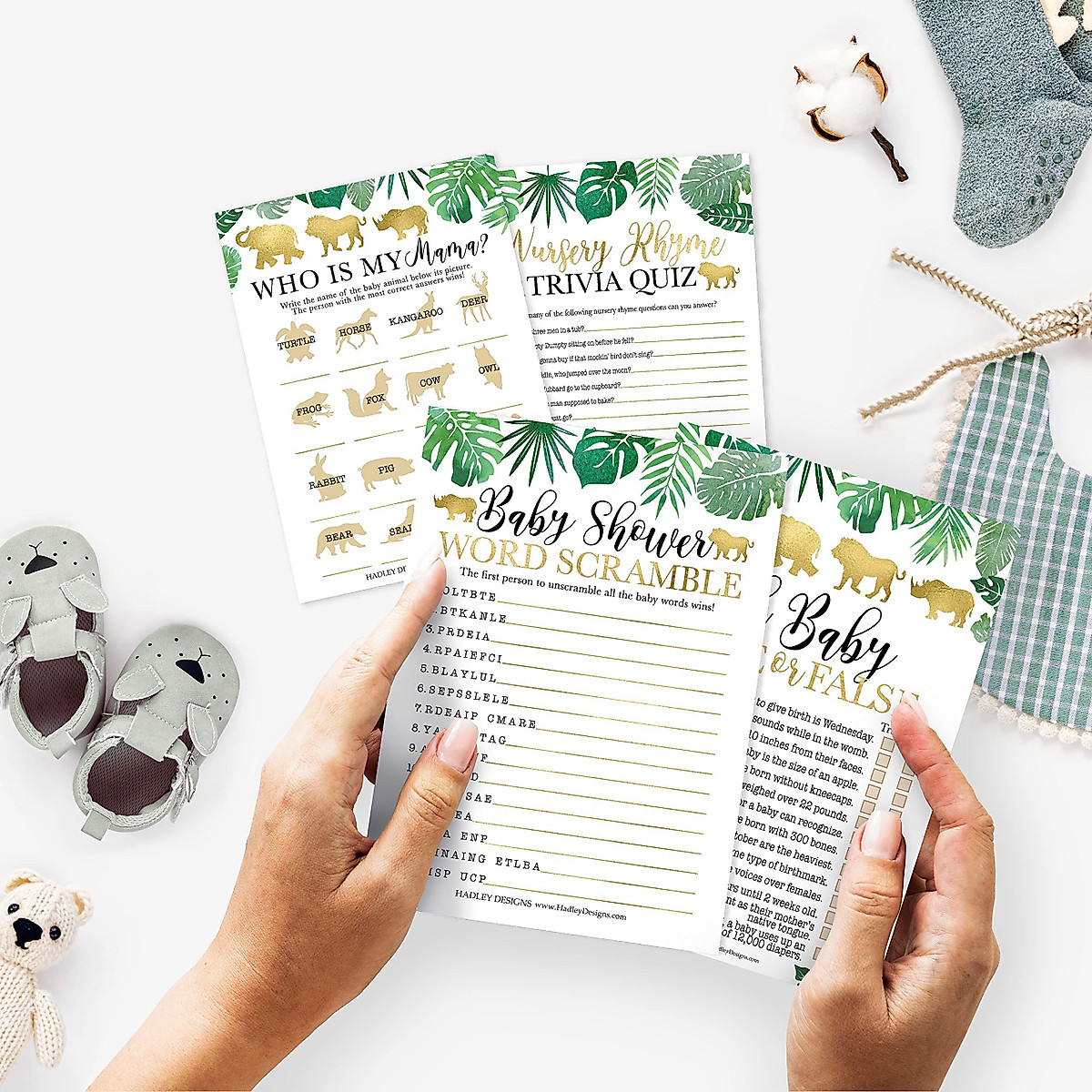 25 Safari Word Scramble For Baby Shower, 25 True Or False Game, 25 Baby Animal Matching, 25 Nursery Rhyme Game - 4 Double Sided Cards Baby Shower Ideas, Baby Shower Party Supplies