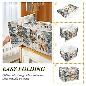 senya Winter Baskets Collapsible Storage Bins with Lids, Wolf Snow Winter Storage Boxes Clothes Baskets for Organizing
