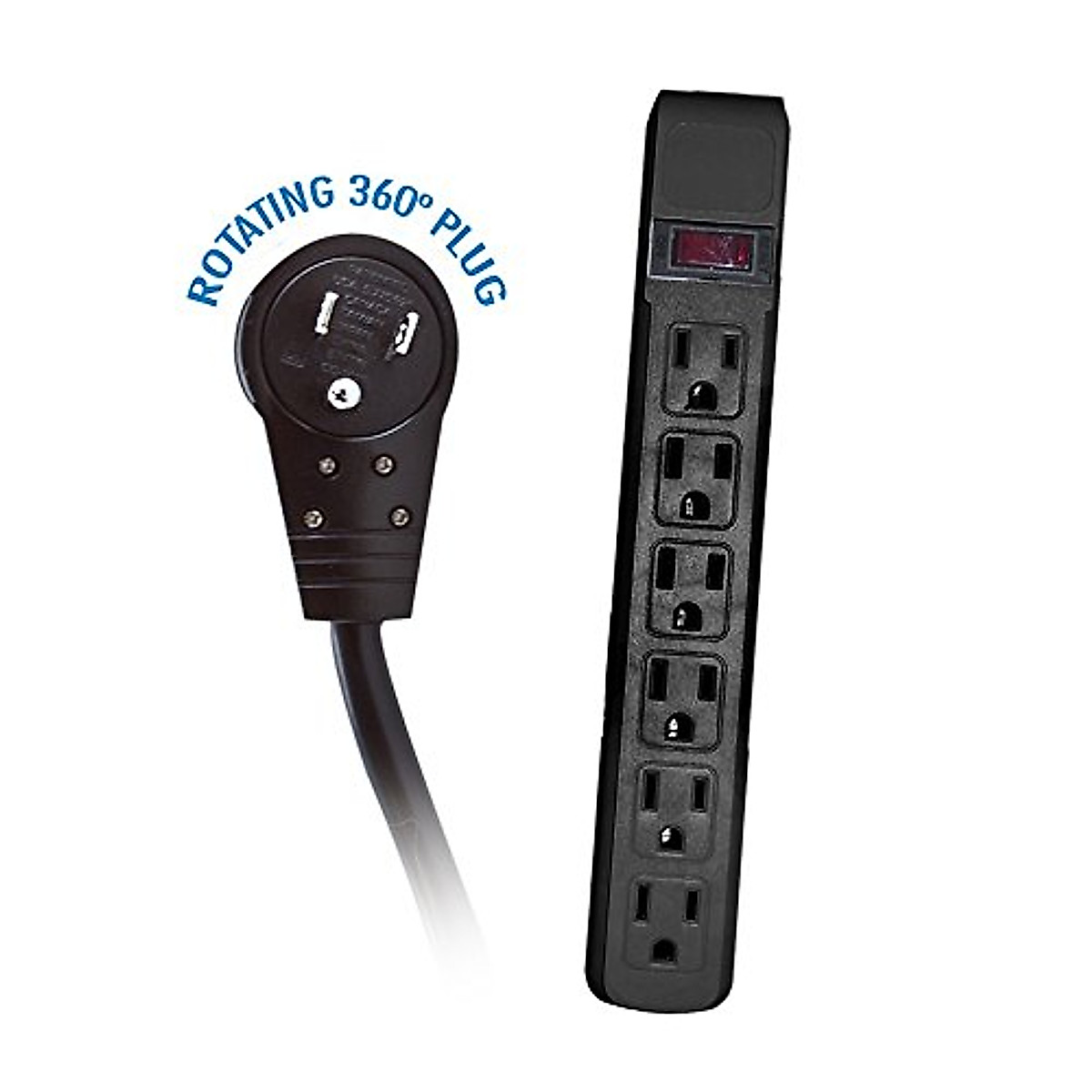 ACL 10 Feet Surge Protector, Flat Rotating Plug, 6 Outlet, Black Horizontal Outlets, Plastic, Power Cord, 1 Pack