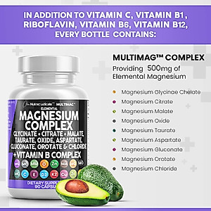 Clean Nutraceuticals Magnesium Complex with Magnesium Glycinate Citrate Malate Oxide Taurate Aspartate Orotate & Mag Chloride, Zinc Copper Manganese & Vitamin C B1 B2 B6 B12 Complex - 1Pack
