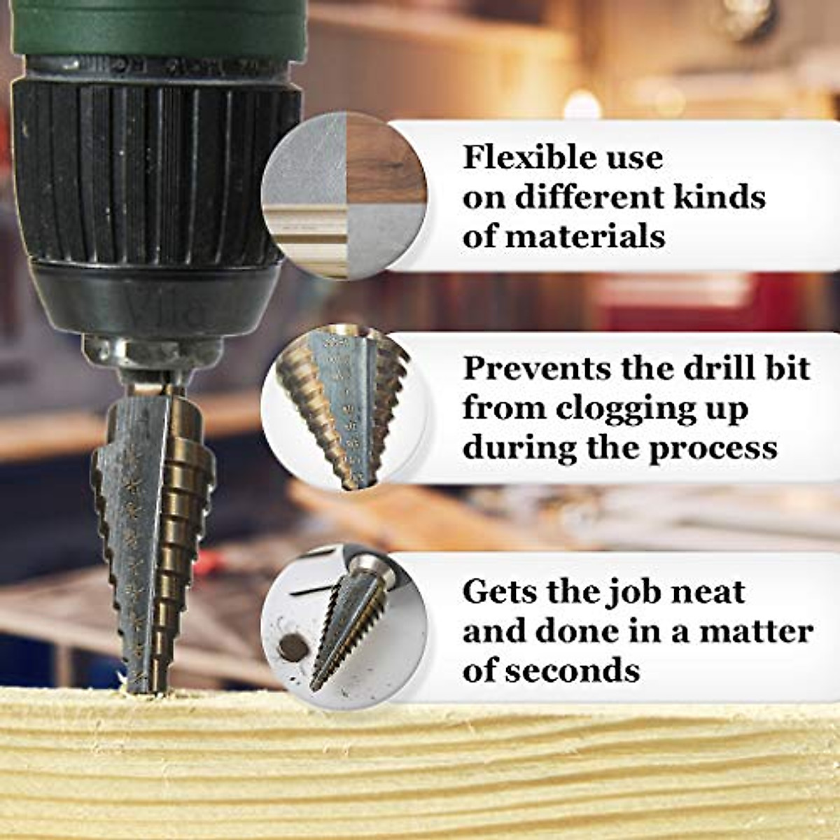 Vila 5-Pieces High Speed Steel Drill Set, Triangle-Shaped with Round Handle, Multiple Hole Sizes, Aluminum Case Included, for Laminates, Plastics, Plywood, Acrylic, Thin Metal