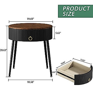 OIOG Side Tables Set of 2, Round Nightstand with Drawer, Modern Bedside End Tables for Small Space, Living Room, Bedroom, Office, Dorm, Rustic Brown and Black