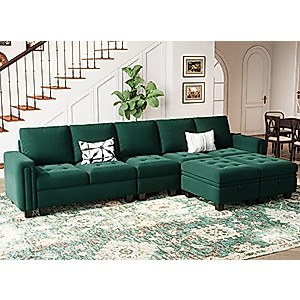 Belffin Large Velvet L Shaped Sectional Sofa Couch with Reversible Double Chaises Modular Sectional Sofa Couch with Storage Ottomans Convertible Sectional Sofa Green