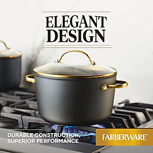 Farberware Forged Induction Ceramic Nonstick Cookware Stockpot with Lid, Dishwasher Safe, Suitable for All Stovetops, 6 Quart Soup Pot, Stockpot - Black and Gold
