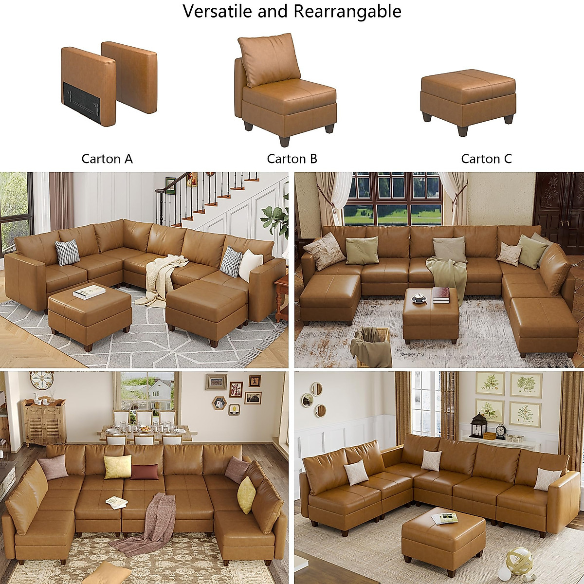 EASE MOOSE Customizable Modular Sectional Sofa with Storage Ottomans, Faux Leather Sectional Couch Convertible Modular Sofa with Reversible Chaises