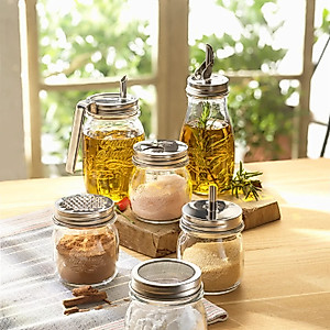 Bormioli Rocco Quattro Stagioni Spice Jar Set - 8.5 Oz, Durable Glass Mason Jars with Multi-Function Rotatable Lids, Stainless Steel Tops for Salt & Pepper - Made in Italy, Glass Spice Jars