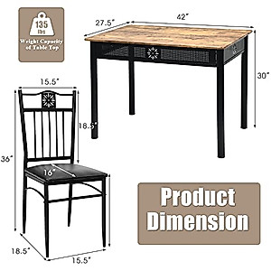 Tangkula 5 Pieces Dining Table and Chairs Set, Vintage Retro Wood Top Metal Frame Padded Seat Dining Table Set Home Kitchen Dining Room Furniture