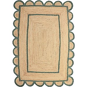 The Weaver House Natural Scalloped Jute Area Rug Bohemian Scallop Boho Decor Area Handwoven Custom Rugs Decorative Rug Reversible Braided Rugs (BD6-6x9-GRN)