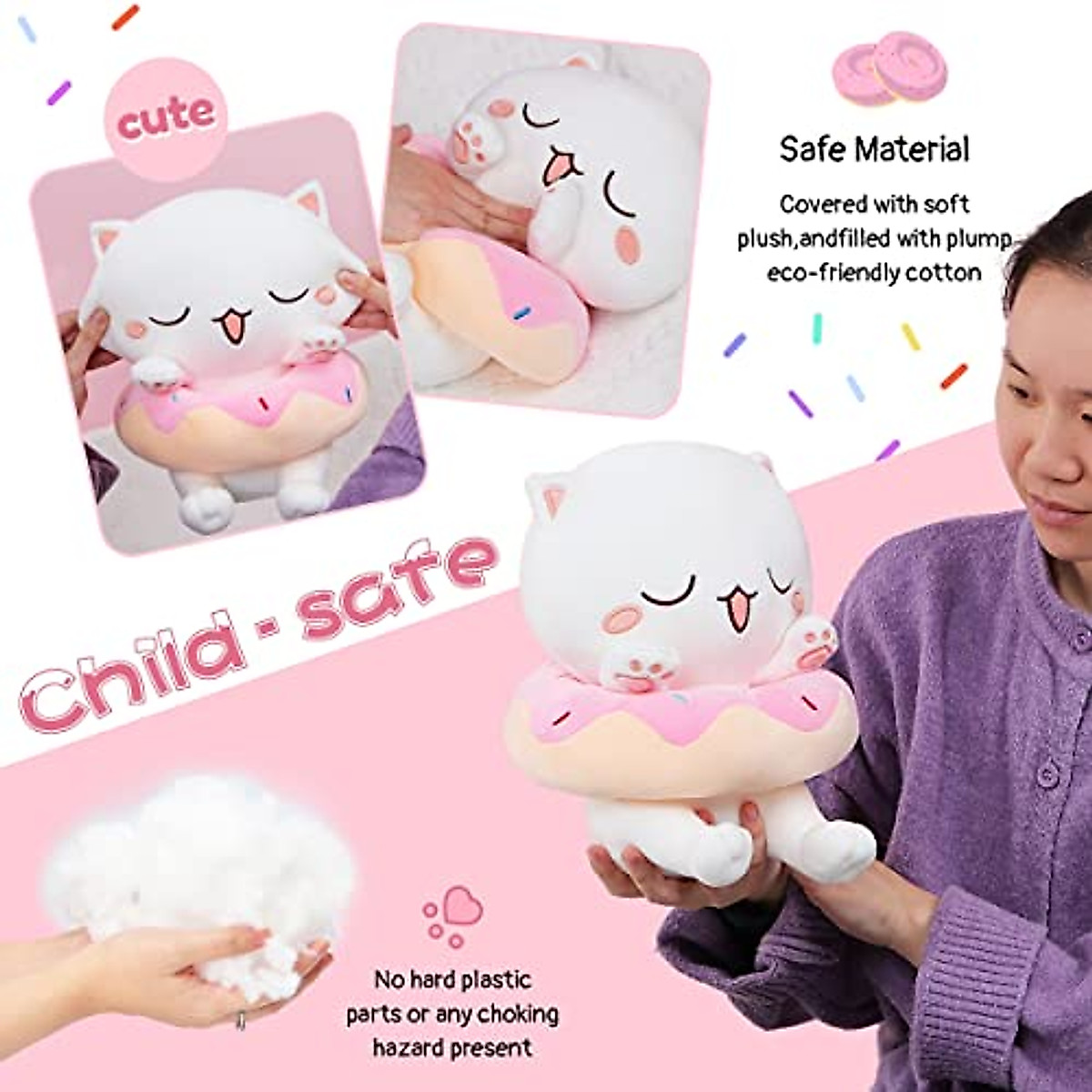 AIXINI Cute Plush Donut Cat Stuffed Animal, Super Soft Kawaii Cat Kitten Plushies for Kids 10inch (White,B)