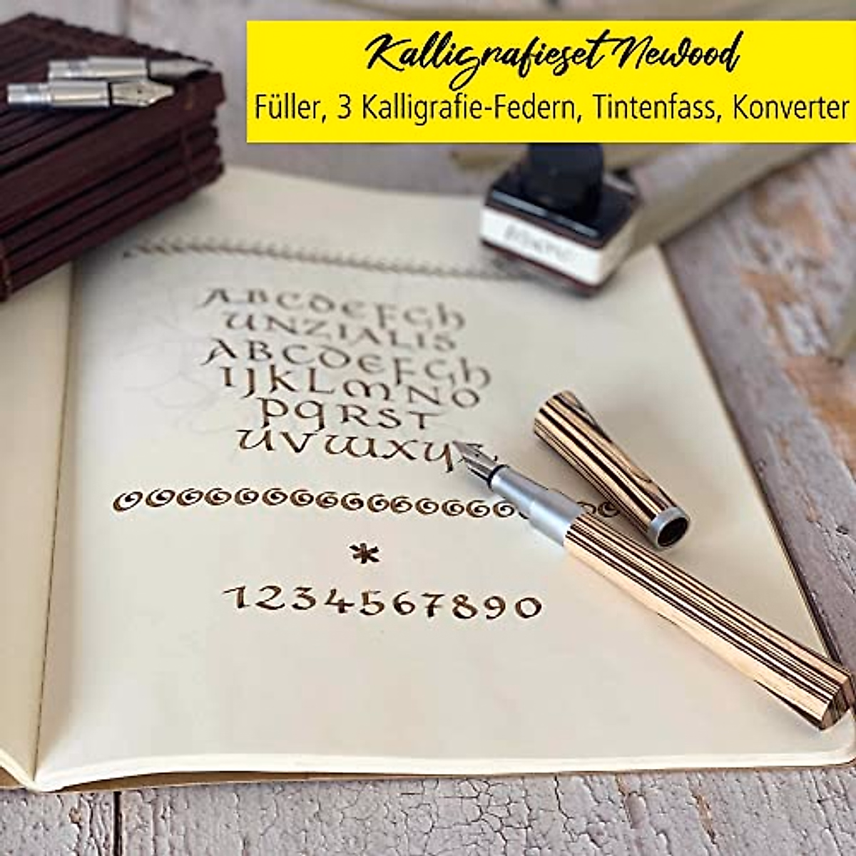 Online calligraphy fountain pen Newood │ calligraphy pen │ natural Wawa wood in black │ 3 stroke widths 0.8 1.4 and 1.8 mm │ set including one ink jar with brown ink (15ml) │ for Bullet Journal etc.