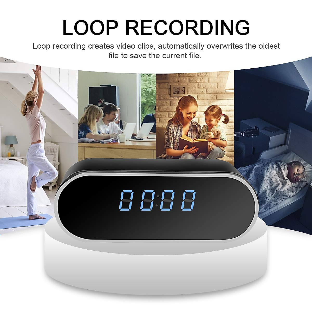 Jigayao Camera Clock, HD 1080P WiFi Alarm Clock Camera with Night Vision/Motion Detection/Loop Recording, Wireless Security Nanny Cam for Home and Office-Support iOS/Android No Audio