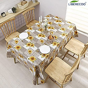 LIBERECOO Vinyl Tablecloth Flannel Backed Stain-Resistant PVC Table Cloth Waterproof Oil-Proof Wipeable Indoor/Outdoor Picnic, BBQ and Dining Table Cover(60 x 84 Inch, Sunflower)