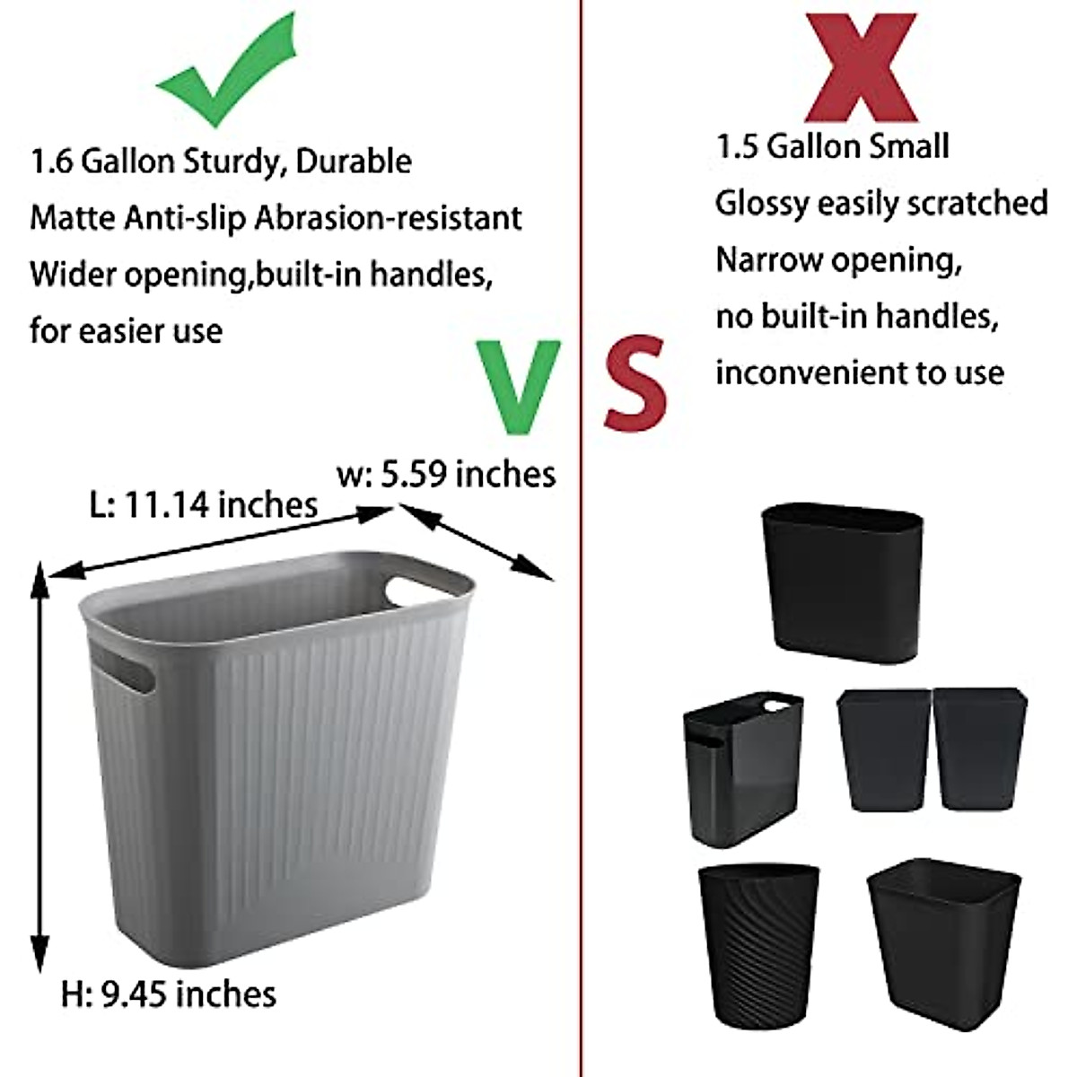 rejomiik Small Trash Can, 1.6 Gallon Slim Garbage Can Plastic Wastebasket Container Bin with Handles for Narrow Spaces Bathroom, Bedroom, Office, Home, Dorm Room, Kitchen, 2 Pack, Gray
